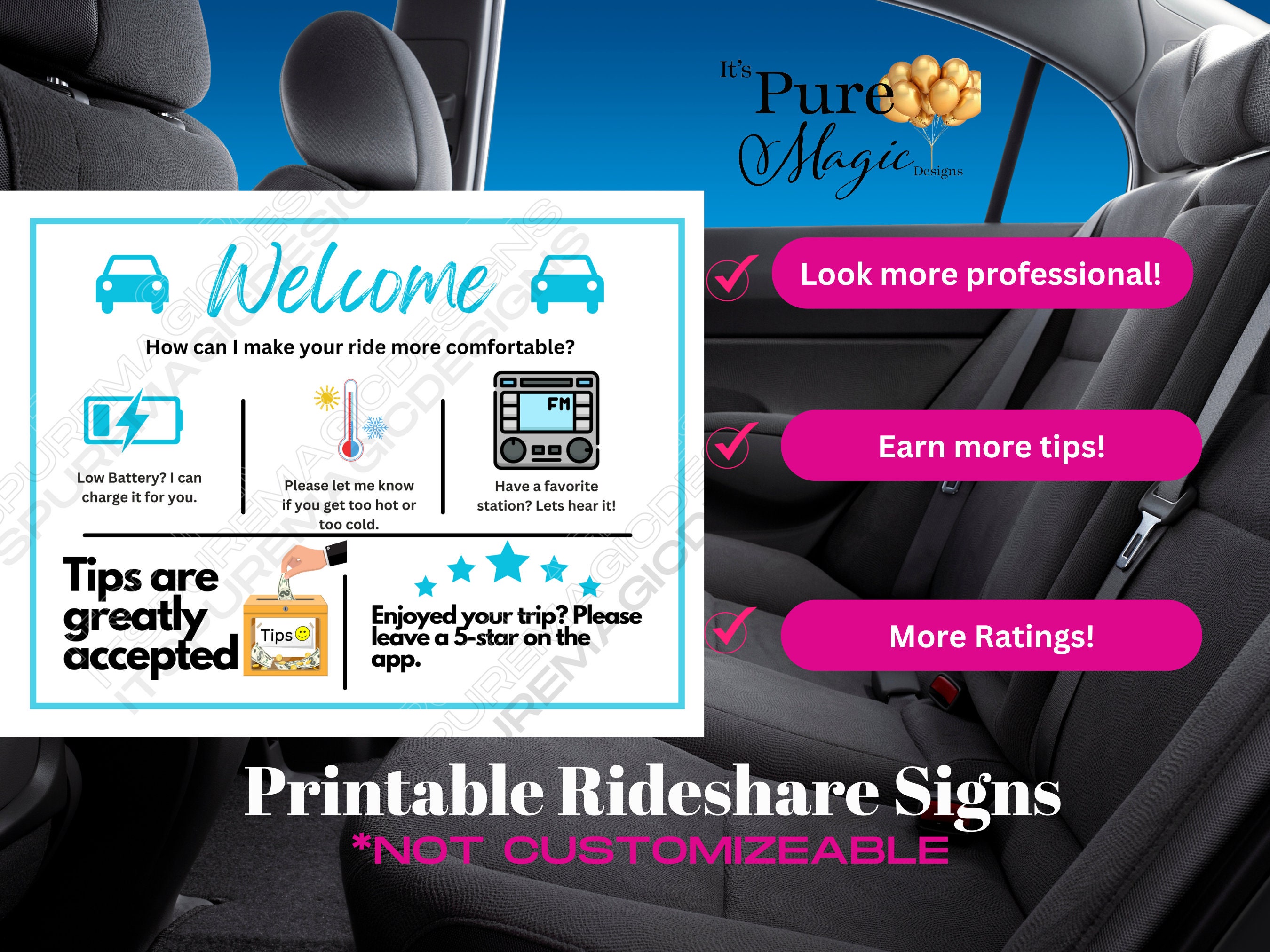 Uber Lyft Rideshare Sign Printable | Editable Sign | Uber Tip Sign ...