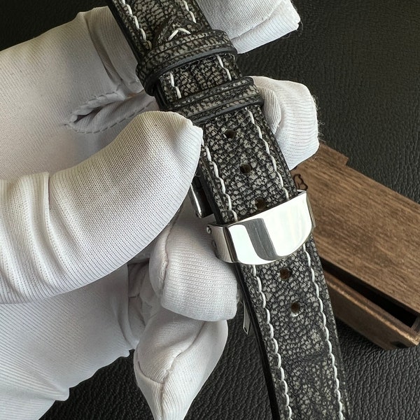 Black Textured Leather Watch Strap, Handmade, Stainless Steel Buckle - Etsy