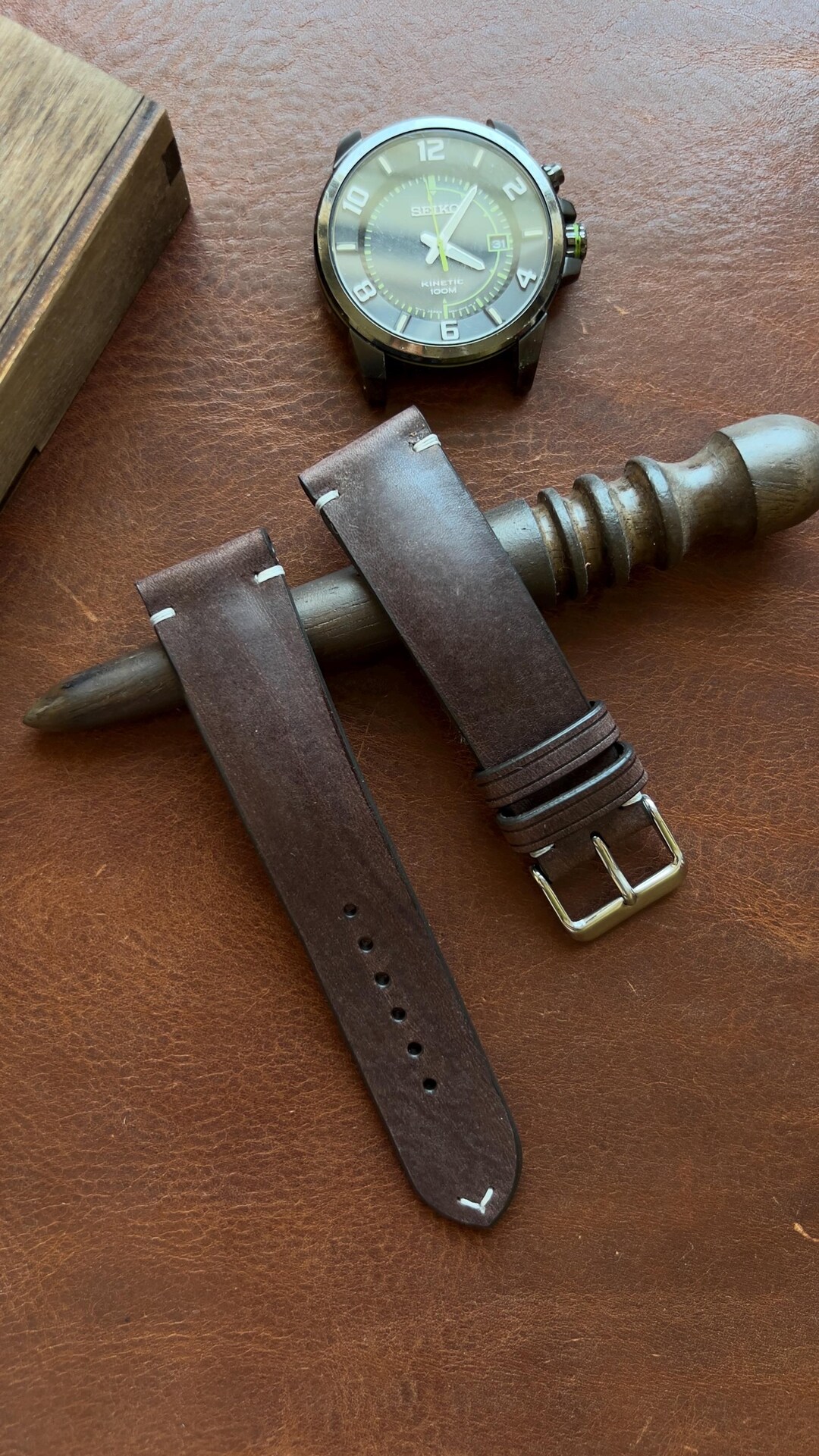 Dark Brown Leather Watch Strap With White Stitching, Handmade ...