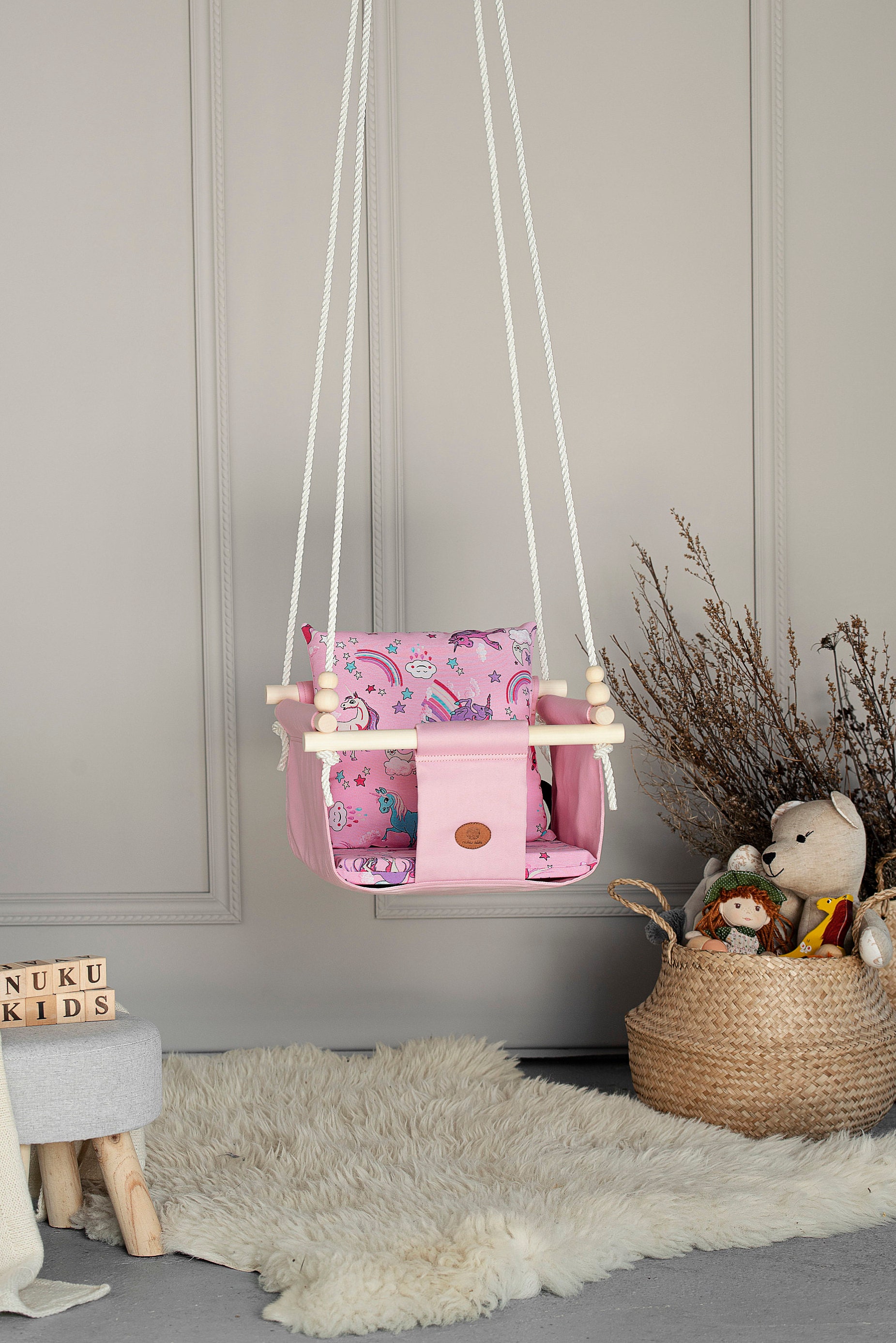 Pink nursery swing chair for baby girl Indoor toddler swing | Etsy