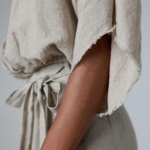 Raw-edge Linen Top With Kimono Sleeves, Linen Wrap Top With Elastic ...