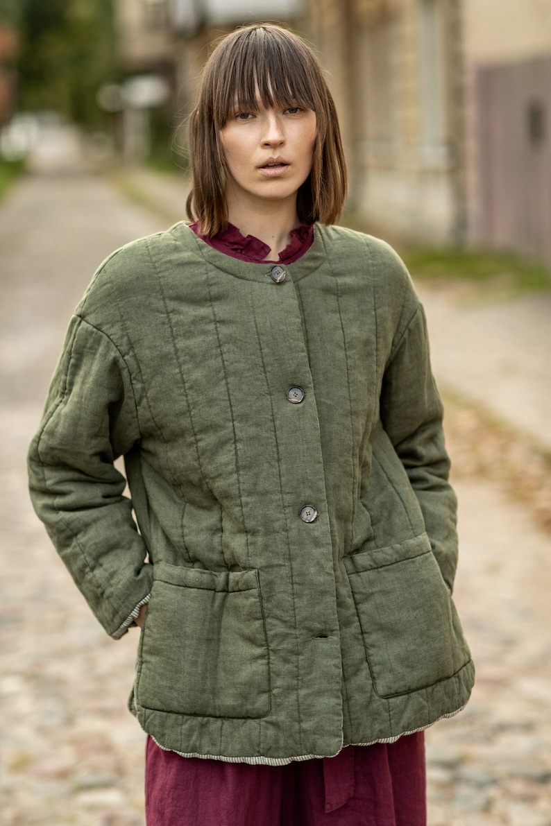 Quilted Linen Jacket, Linen Padded Coat With Pockets, Warm Linen ...