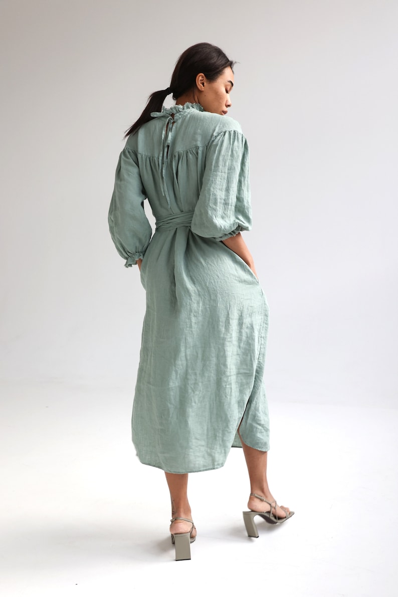 Elegant Linen Ruffle Dress, Long Sleeve Linen Dress, Puffy Sleeve ...
