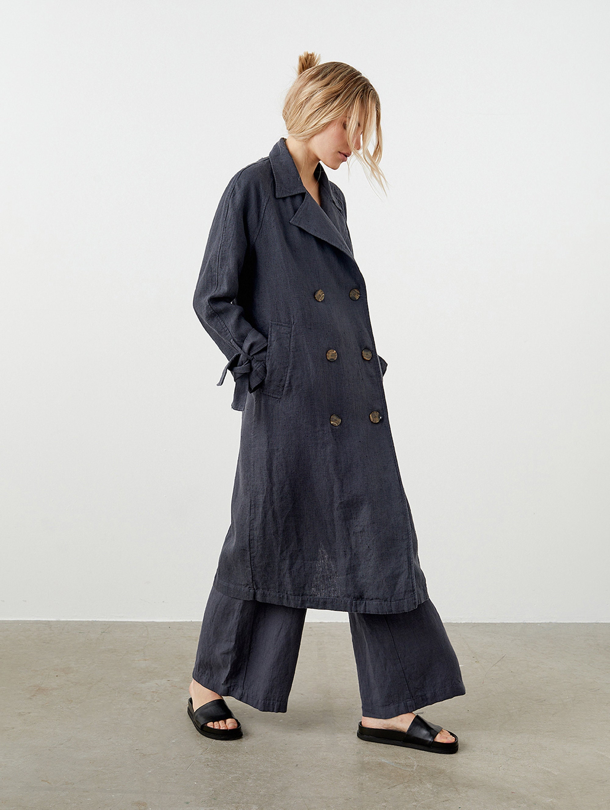 Double-breasted Linen Coat, Sustainable Linen Duster, Heavy Linen ...