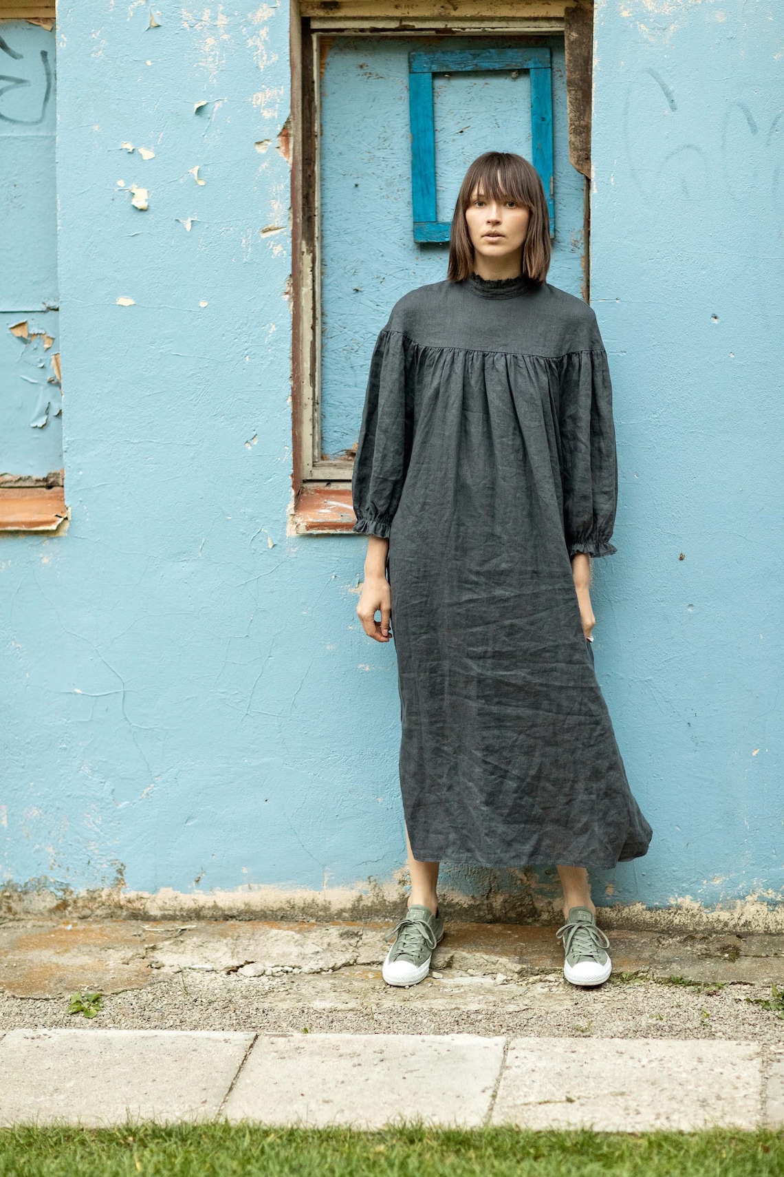 Elegant Linen Ruffle Dress Long Sleeve Linen Dress Puffy - Etsy