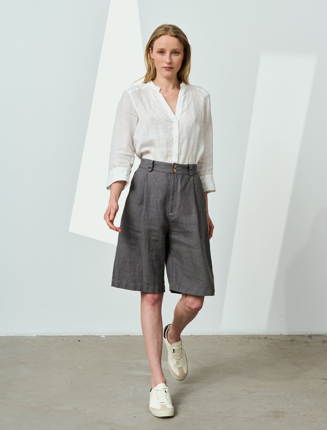 Long Linen Shorts, Oversized Linen Shorts Women, Pleated Linen Shorts ...