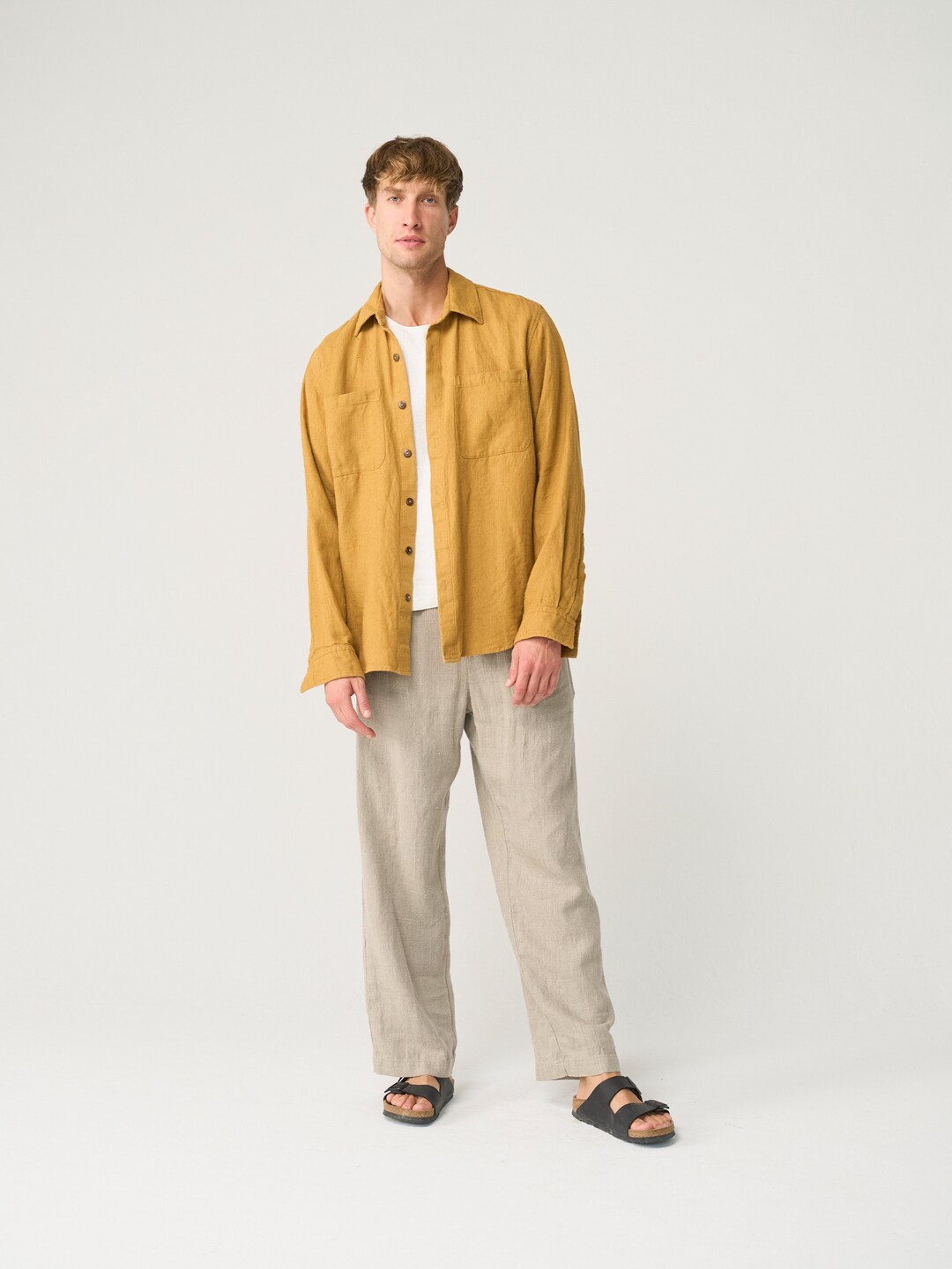 Heavy Linen Shirt for Men, Long Sleeve Shirt With Pockets, Buttoned ...