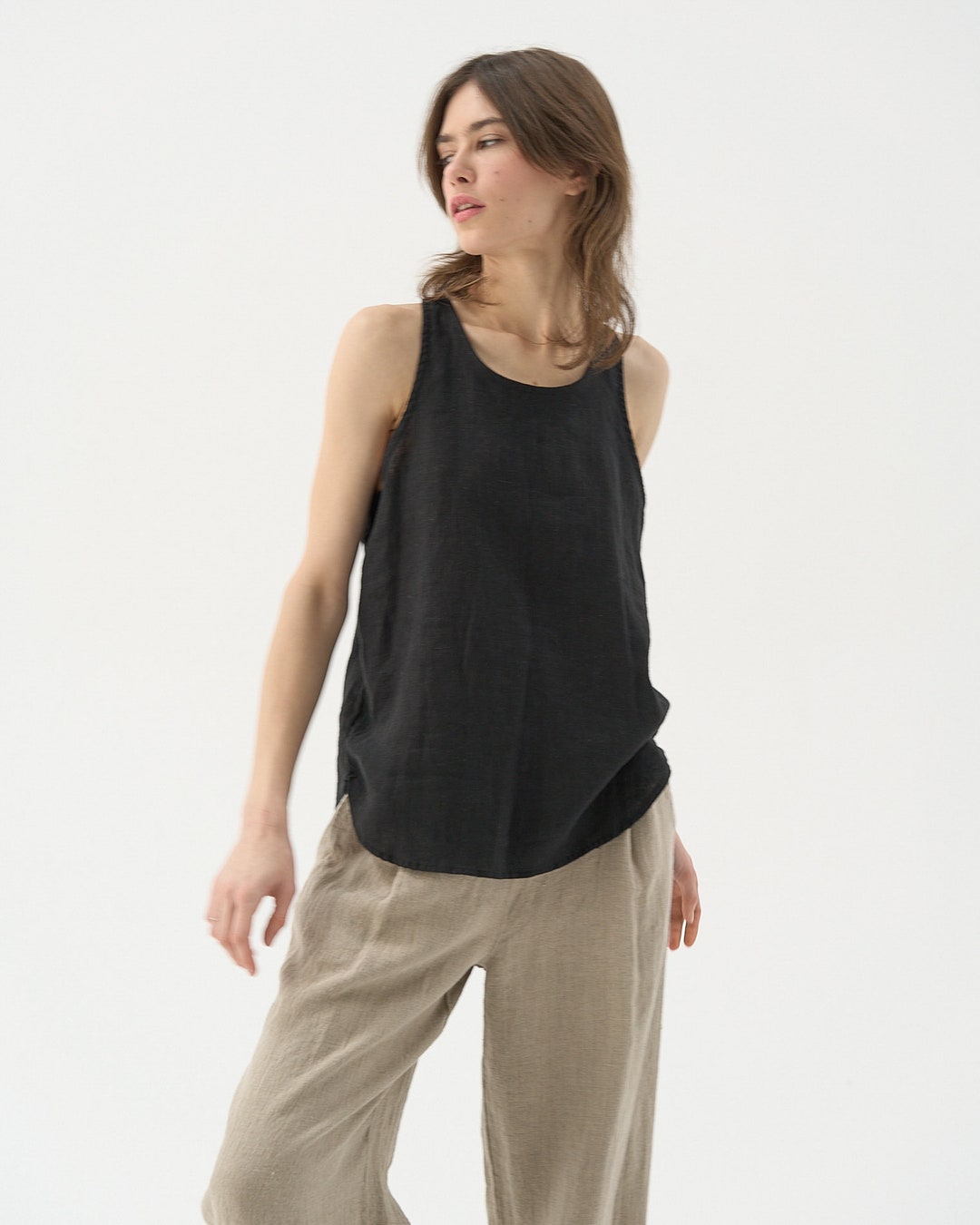 A-line Flared Linen Top, Racer-back Linen Top, Scoop-neck Linen Blouse ...