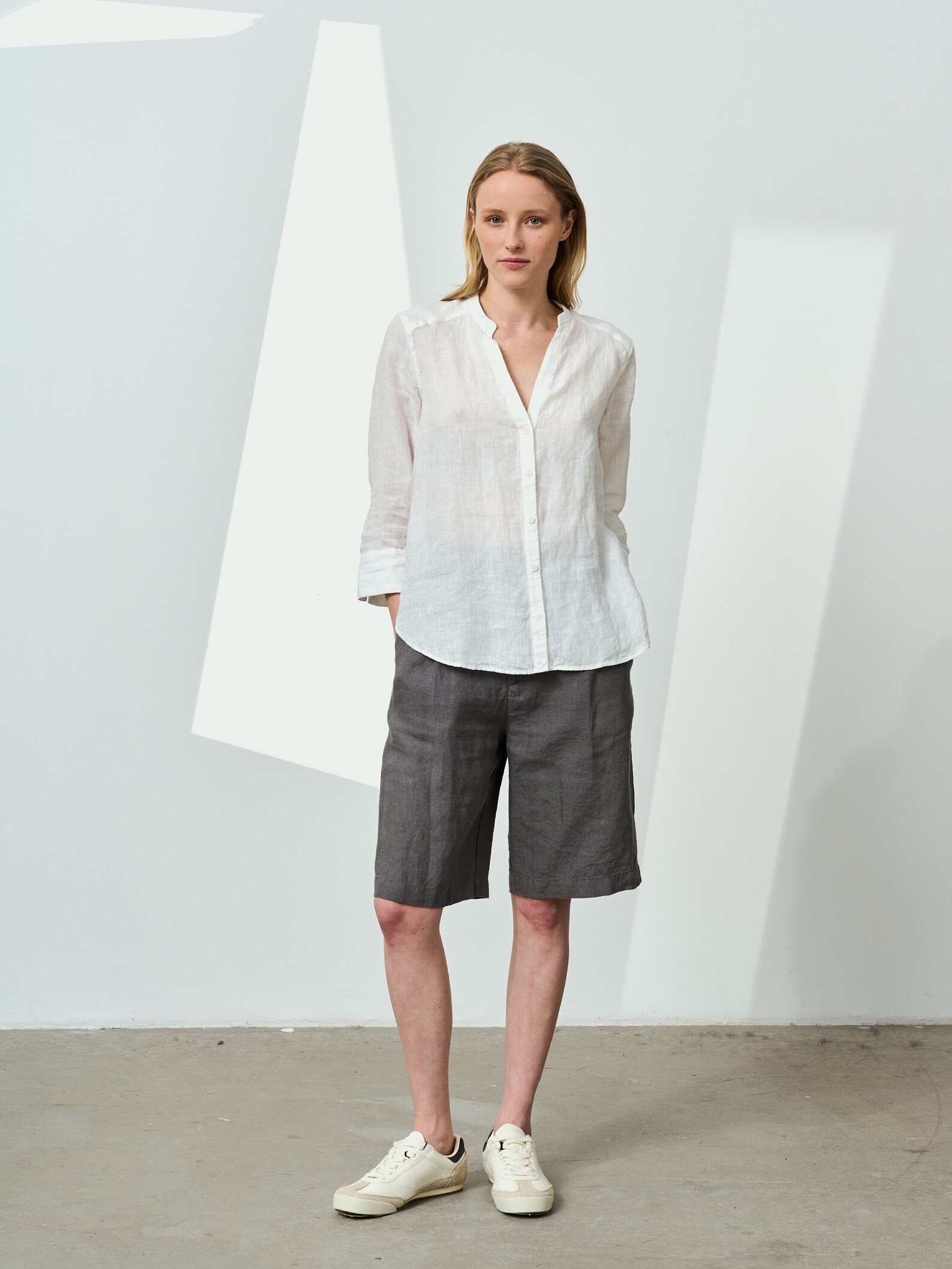 V-neck Light-linen Shirt With 3/4 Sleeves, Button-down Linen Shirt ...
