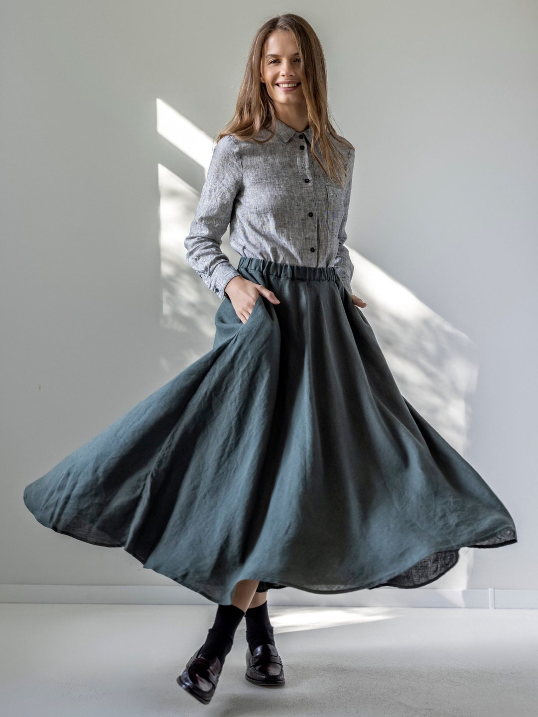 Linen Circle Skirt With Pockets, Maxi Linen Skirt With Elastic Waist ...
