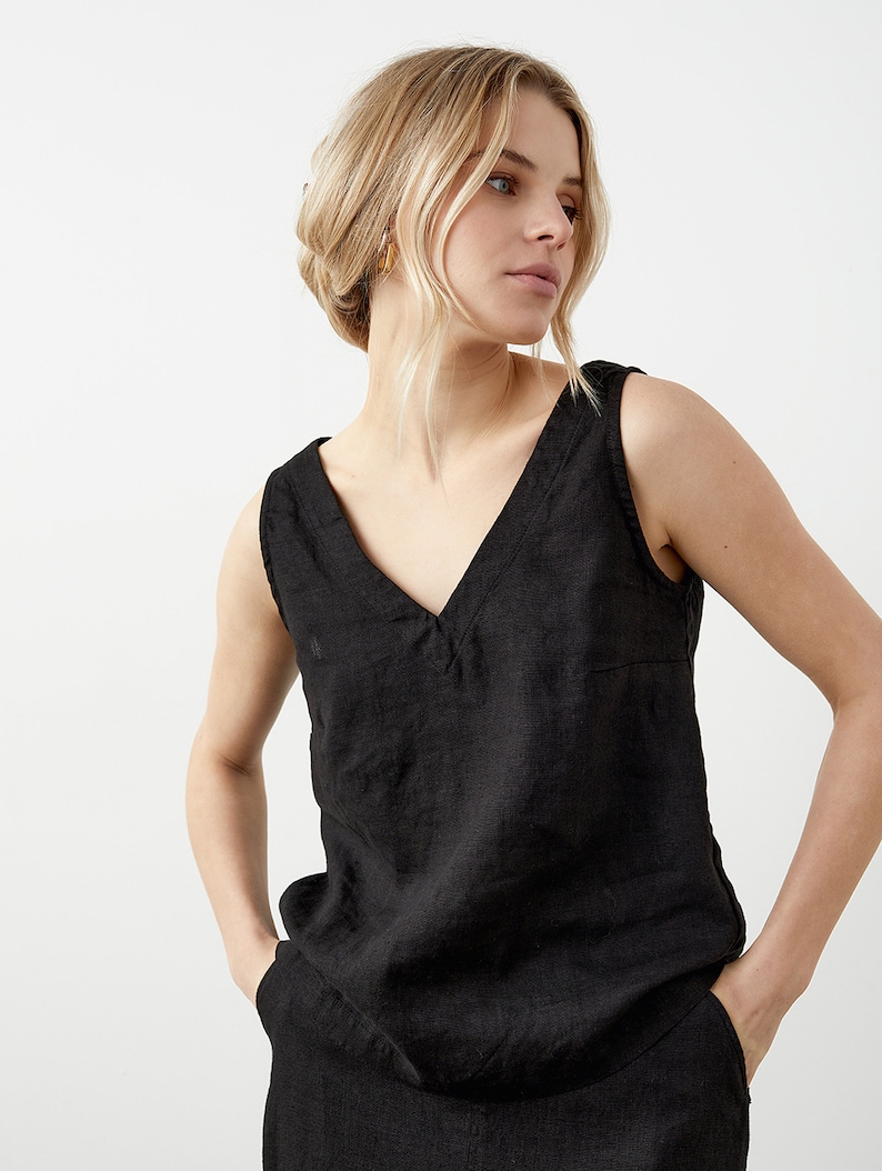 Linen Tank Top With Deep Front and Back V-neck, Sleeveless Linen Top ...