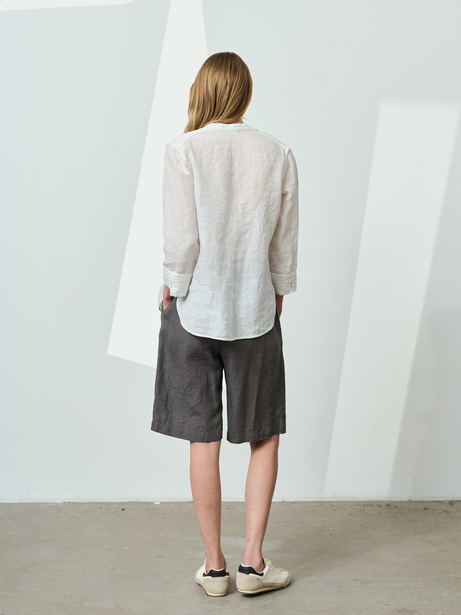 V-neck Light-linen Shirt With 3/4 Sleeves, Button-down Linen Shirt ...