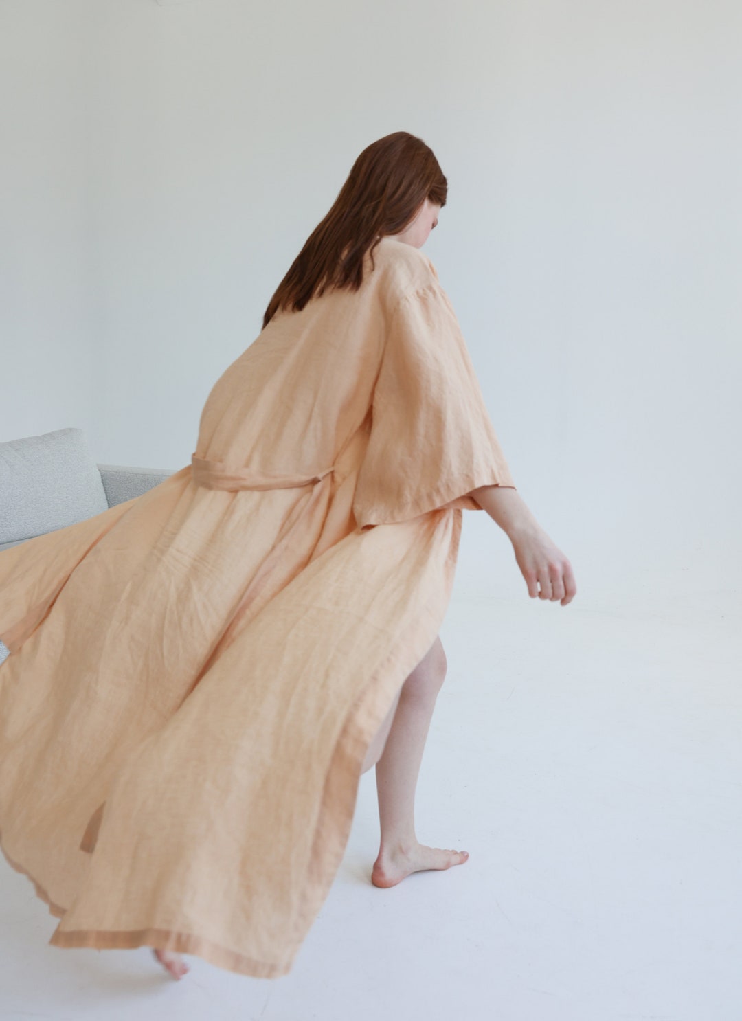 Linen Dress Coat With Kimono Sleeves, Linen Kimono Robe for Women ...