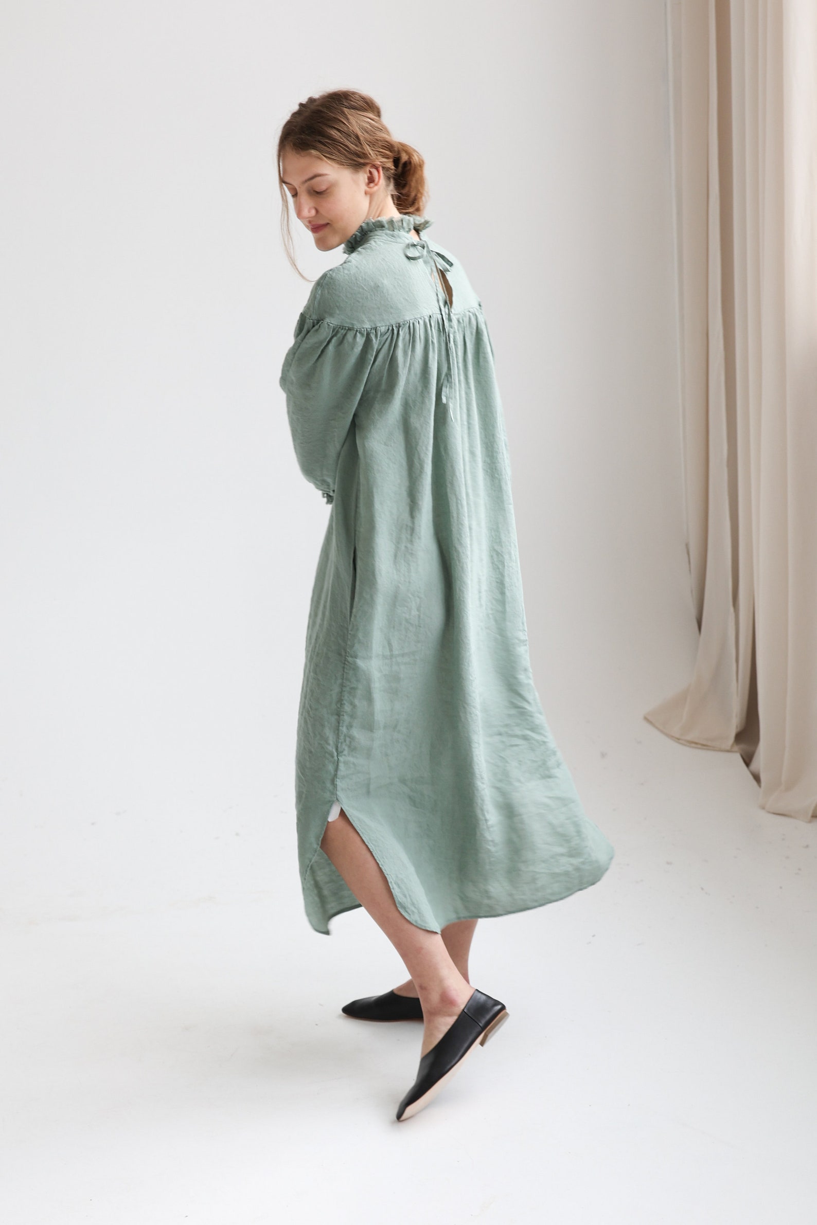 Elegant Linen Ruffle Dress Long Sleeve Linen Dress Puffy - Etsy