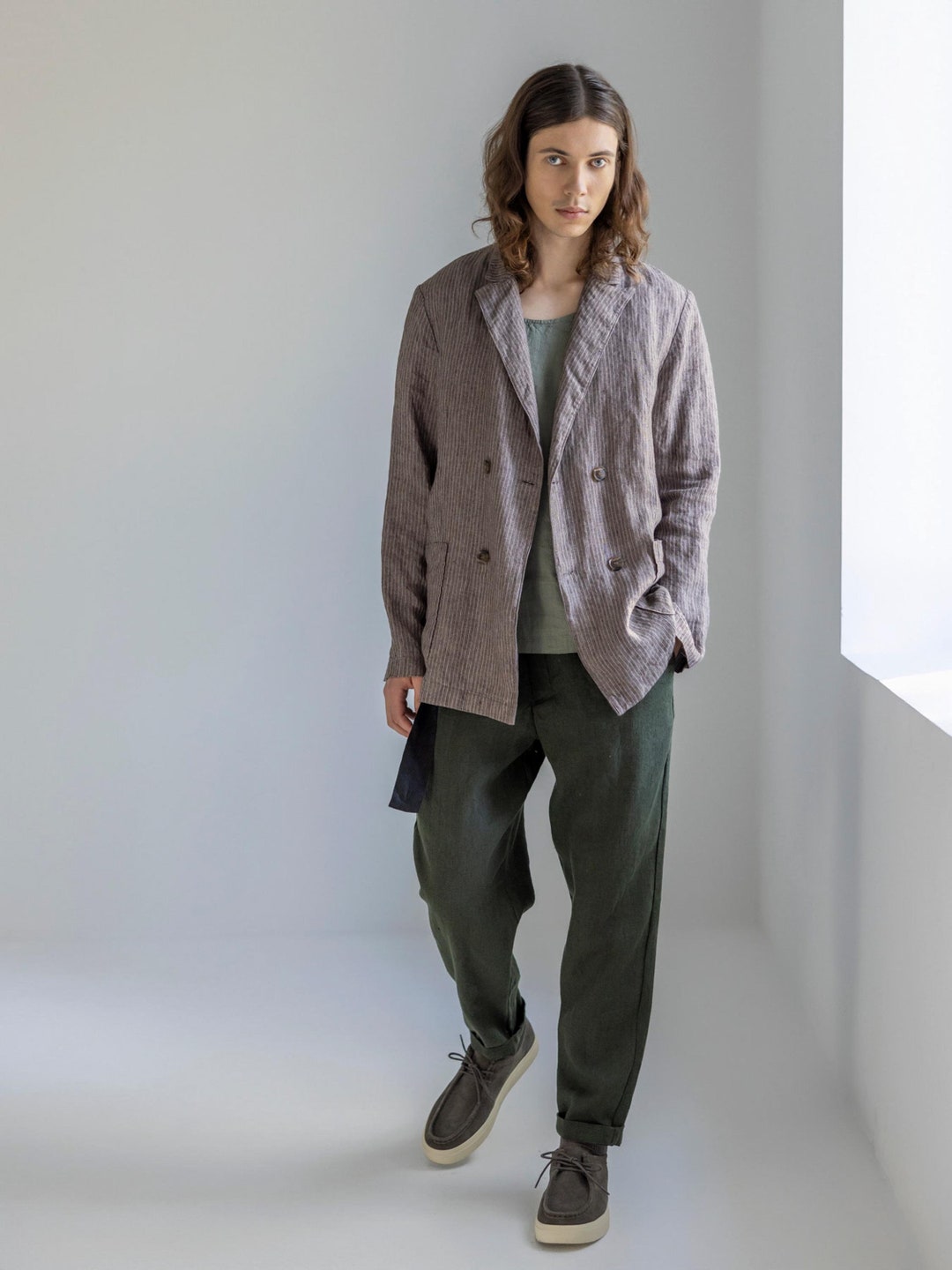 Double-breasted Linen Jacket for Men, Linen Button Jacket With Pockets ...