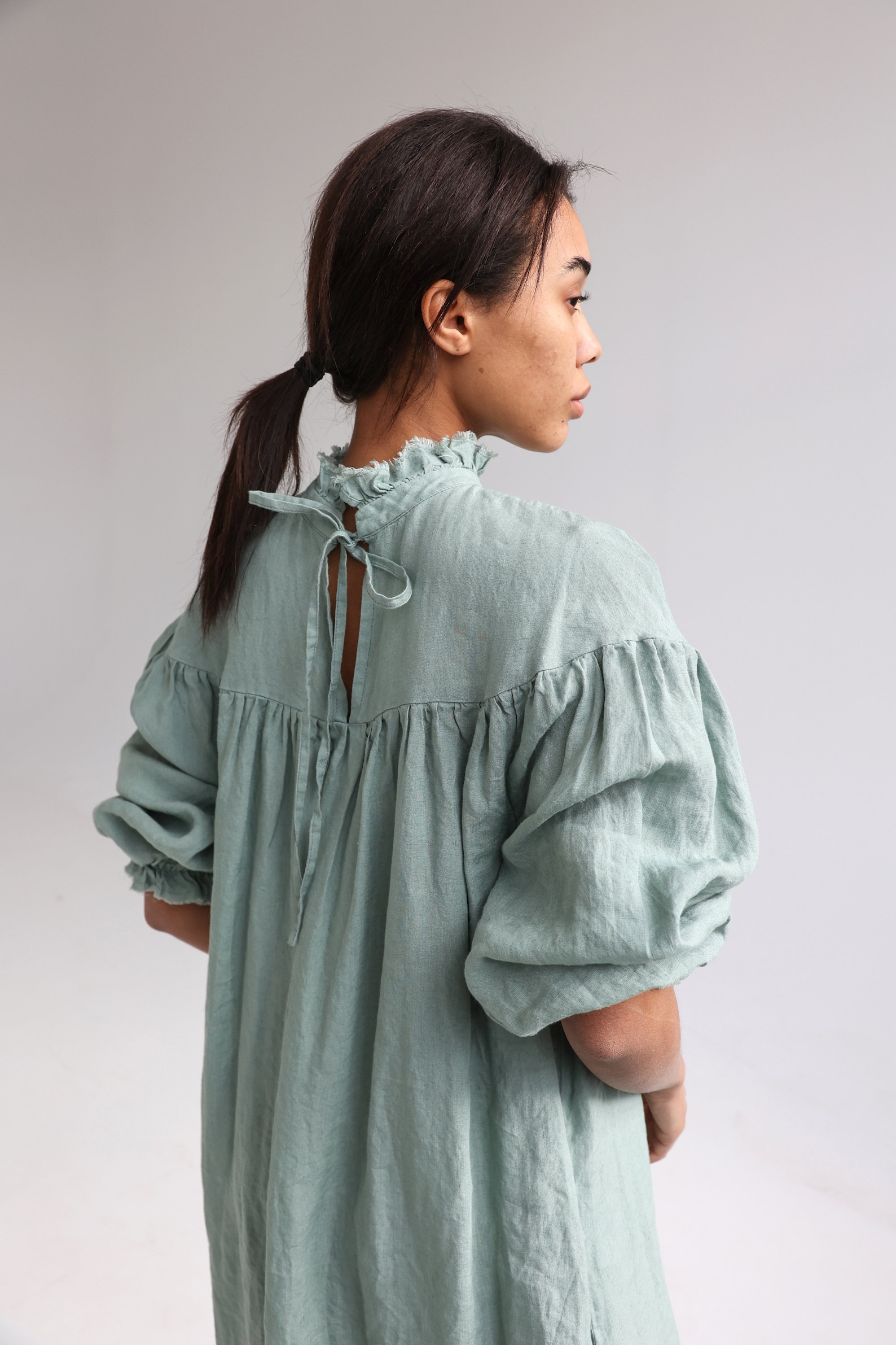 Elegant Linen Ruffle Dress Long Sleeve Linen Dress Puffy - Etsy