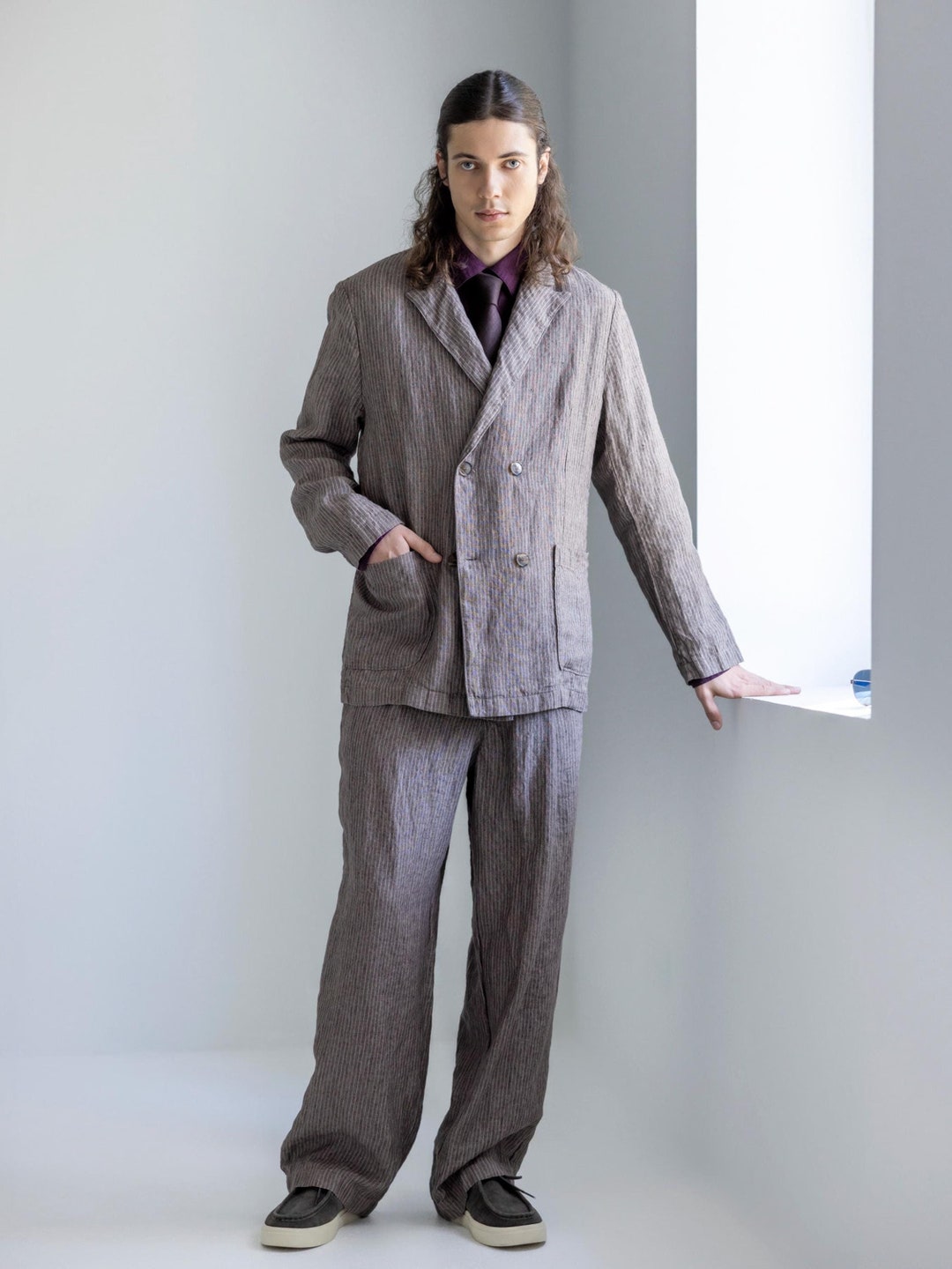 Double-breasted Linen Jacket for Men, Linen Button Jacket With Pockets ...