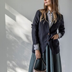 Collarless Linen Jacket for Women, Buttoned Linen Cardigan, Linen ...
