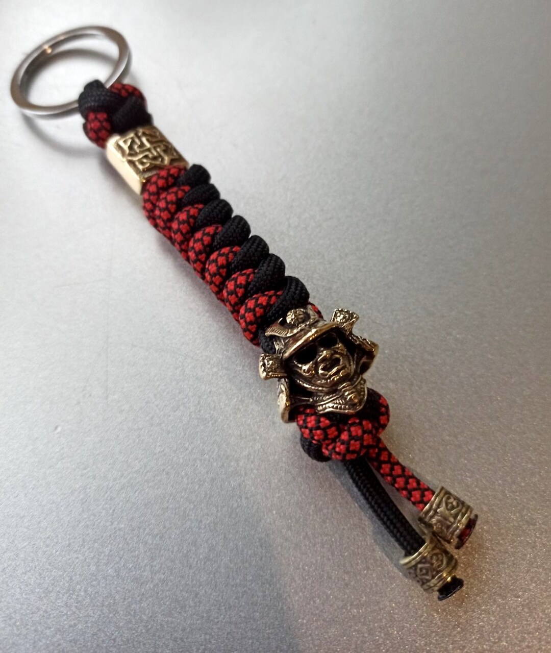 Keychain With Samurai Bead and Carabiner, Brass Beads, Unique Gift for ...