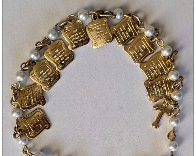 10 Commandments Cross Gold Tone and Faux Pearl Charm Bracelet Bible ...
