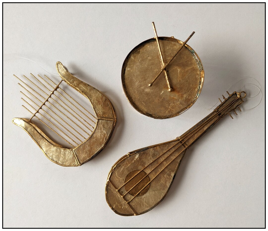 Capiz Shell Musical Instrument Ornaments Lute Drum Harp Set of 3 ...