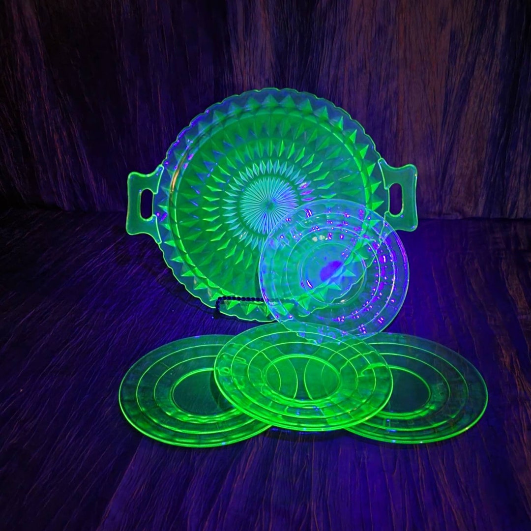 Vintage Uranium Glass Platter With Handles and 4 Serving Plates - Etsy