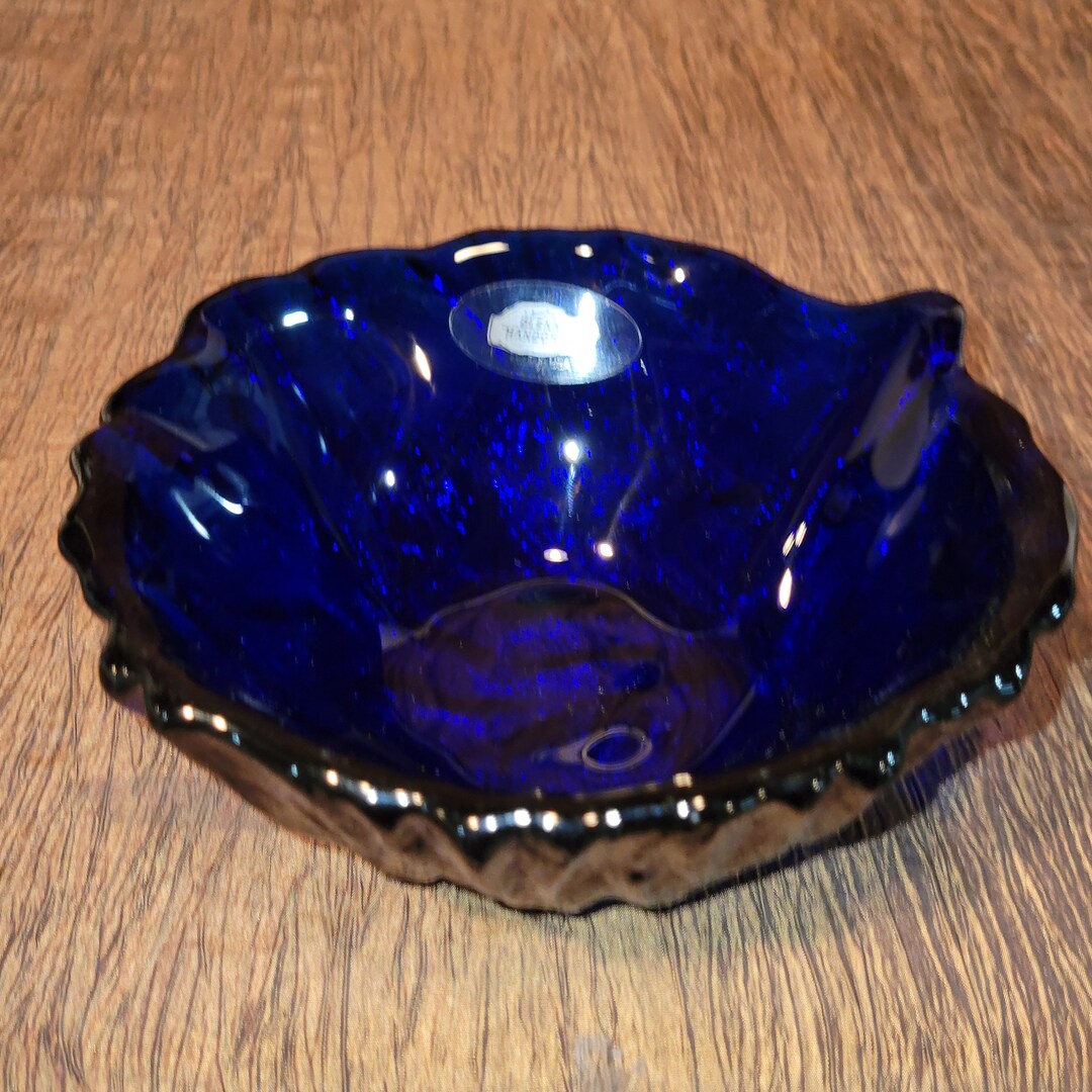 Blenko Cobalt Blue Cabbage Leaf Bowl, Label on Bowl - Etsy