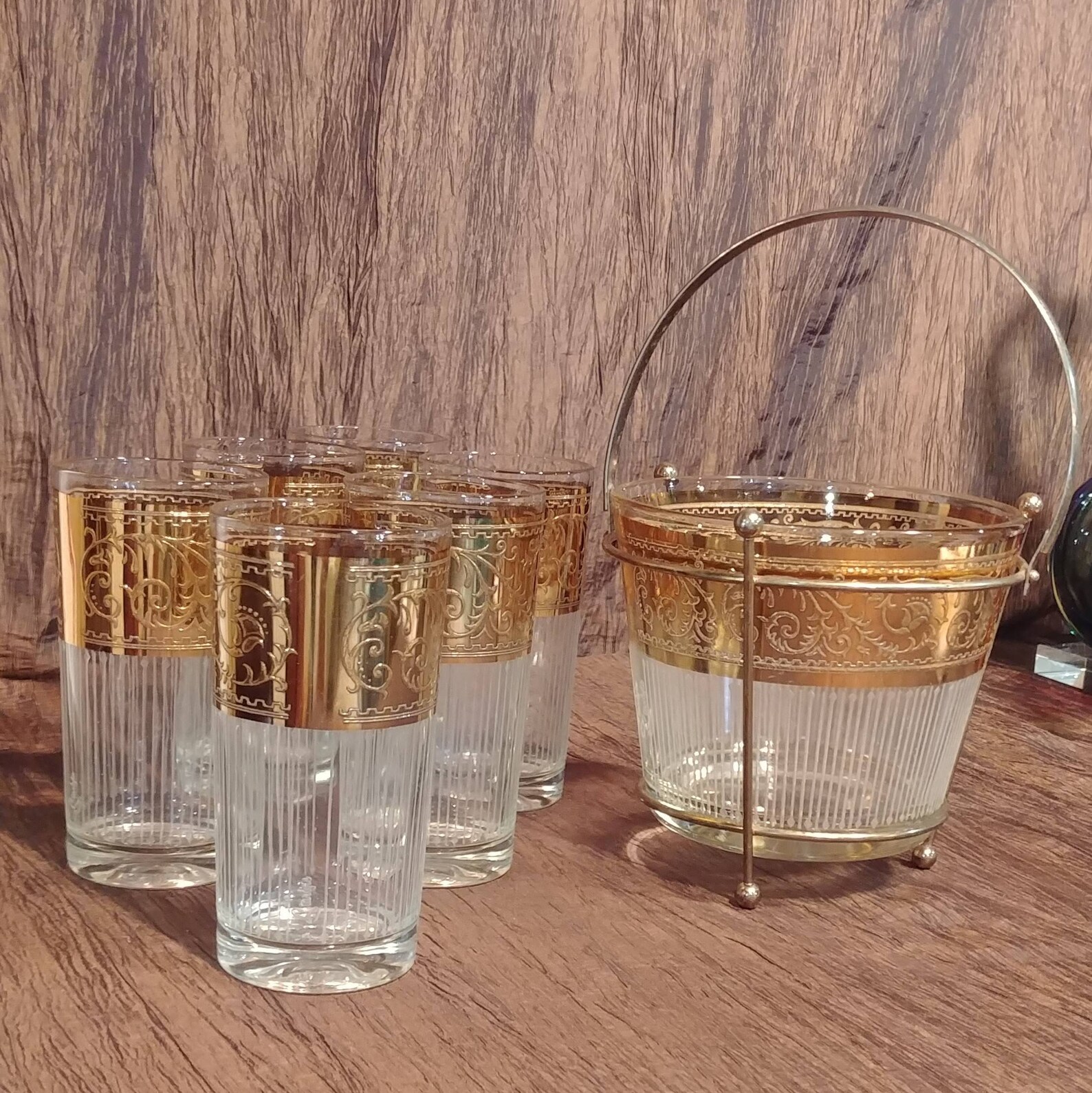 Set of six Starlyte Gold trimmed glasses with one ice bucket | Etsy