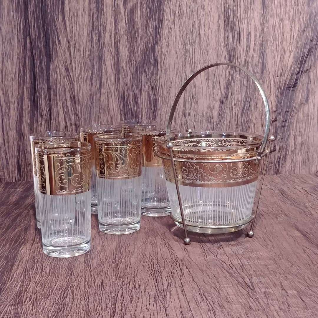 Set of Six Starlyte Gold Trimmed Glasses With One Ice Bucket in Carrier ...