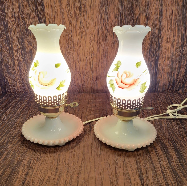 Vintage Set Of 2 Electric Milk Glass Hurricane Lamps With Etsy