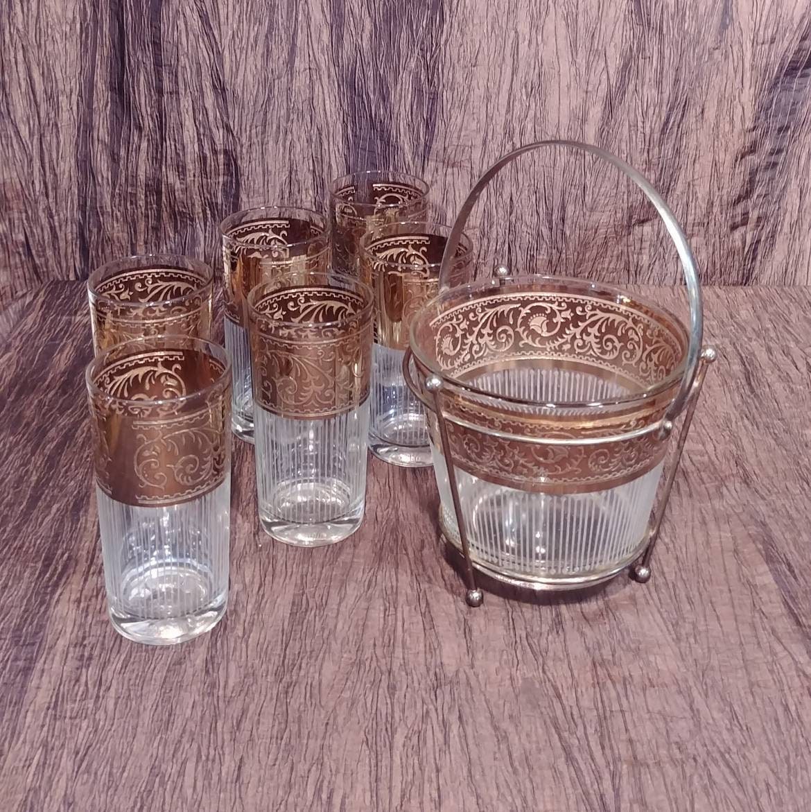 Set of six Starlyte Gold trimmed glasses with one ice bucket | Etsy