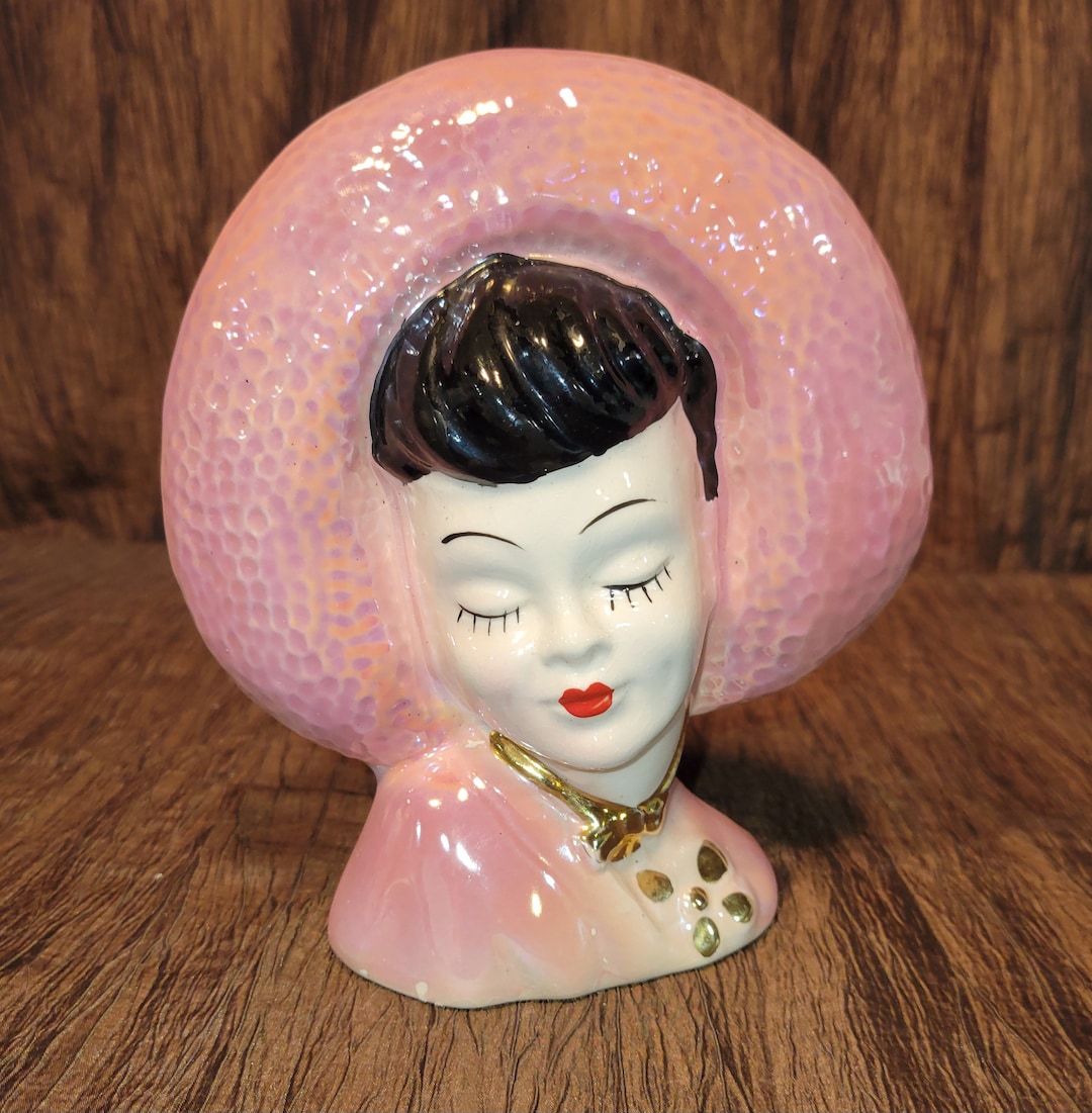 Vintage Iridescent Pink Lady Head Vase/ Wall Pocket - Etsy
