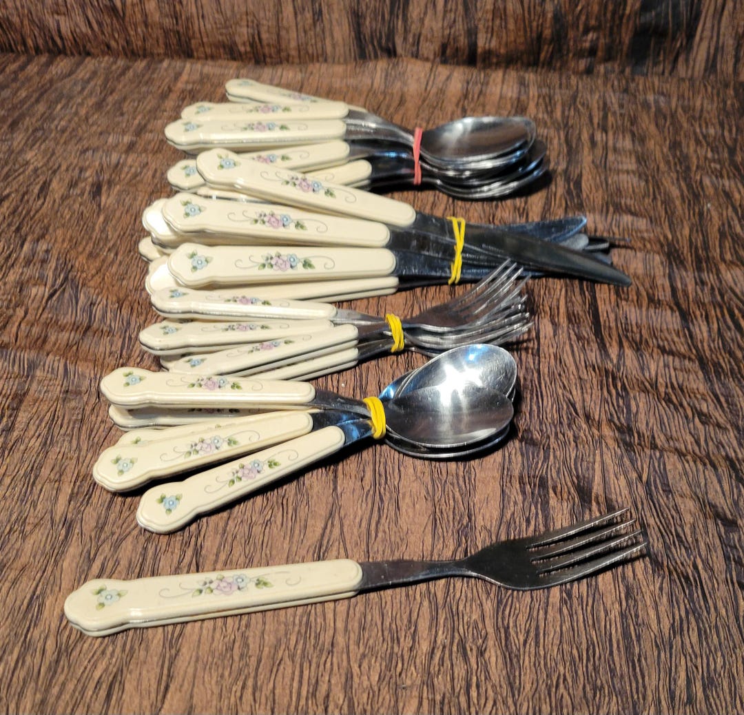 37 Piece Grab Bag of Pfaltzgraff Tea Rose Silverware, 1 Dinner Fork, 6 ...