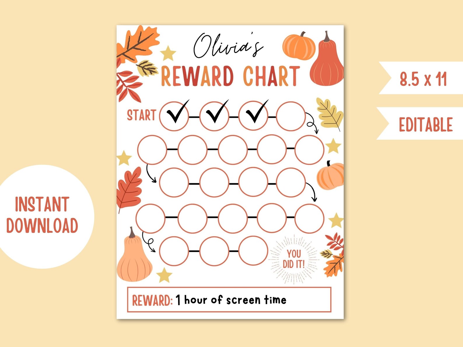 Editable Fall Reward Chart for Kid Toddler Autumn Printable Daily ...