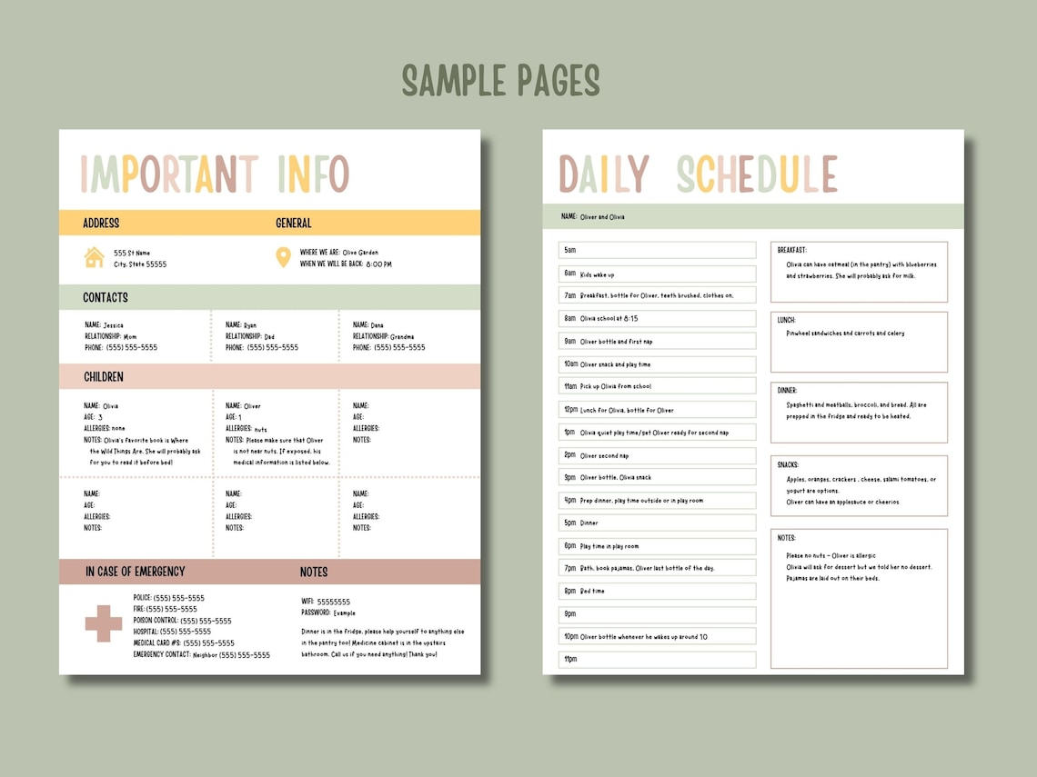 Editable Babysitter Notes Nanny Binder Information Sheet Chart Guide ...