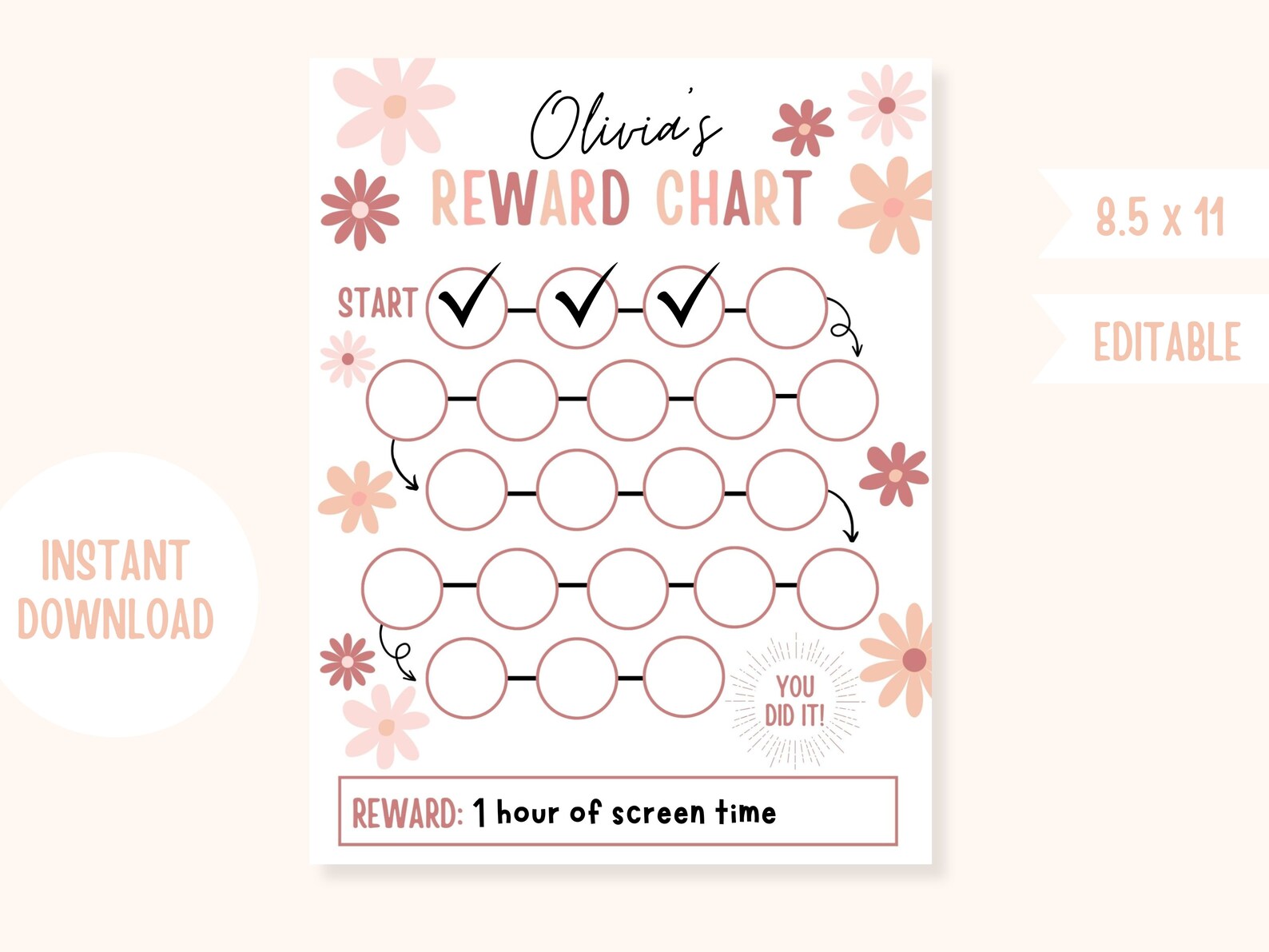 Editable Flower Reward Chart for Kid Toddler Printable Girl Daily ...
