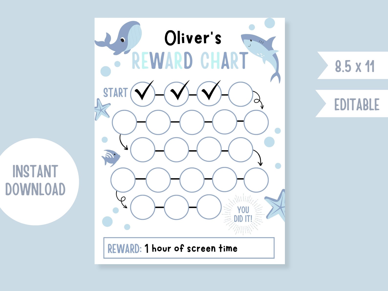 Editable Shark Reward Chart for Kid Toddler Printable Boy Daily Routine ...