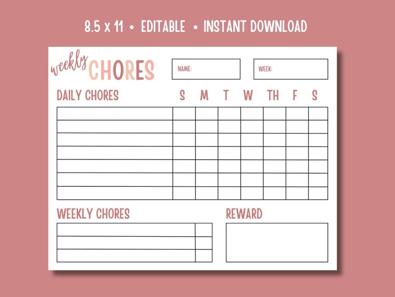 Editable Chore Chart for Kids Toddlers Family Weekly Daily Schedule ...
