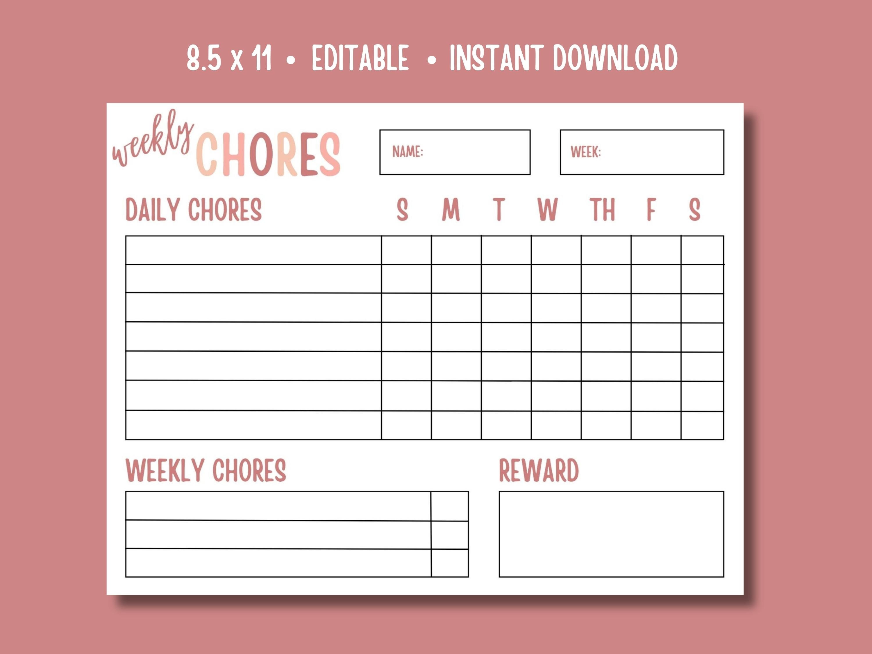 Editable Chore Chart for Kids Toddlers Family Weekly Daily Schedule ...