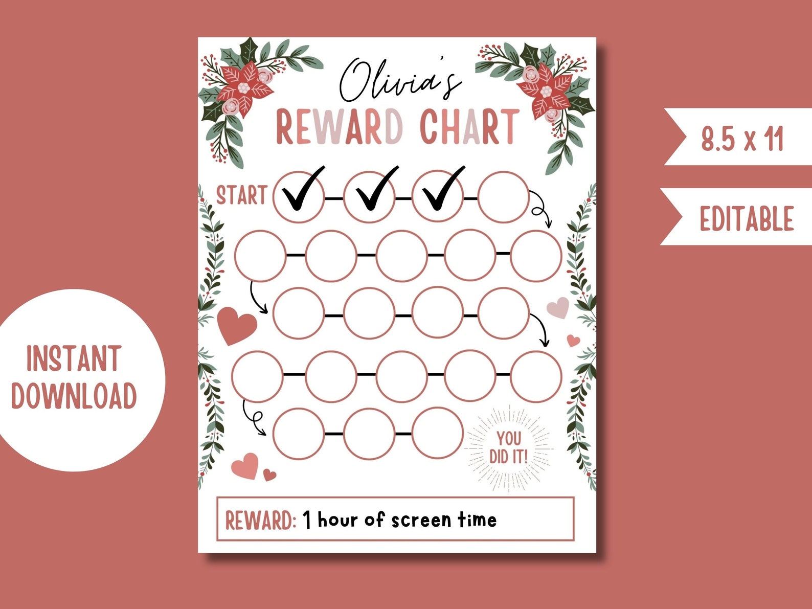 Editable Christmas Flower Reward Chart for Kid Toddler Printable Daily ...