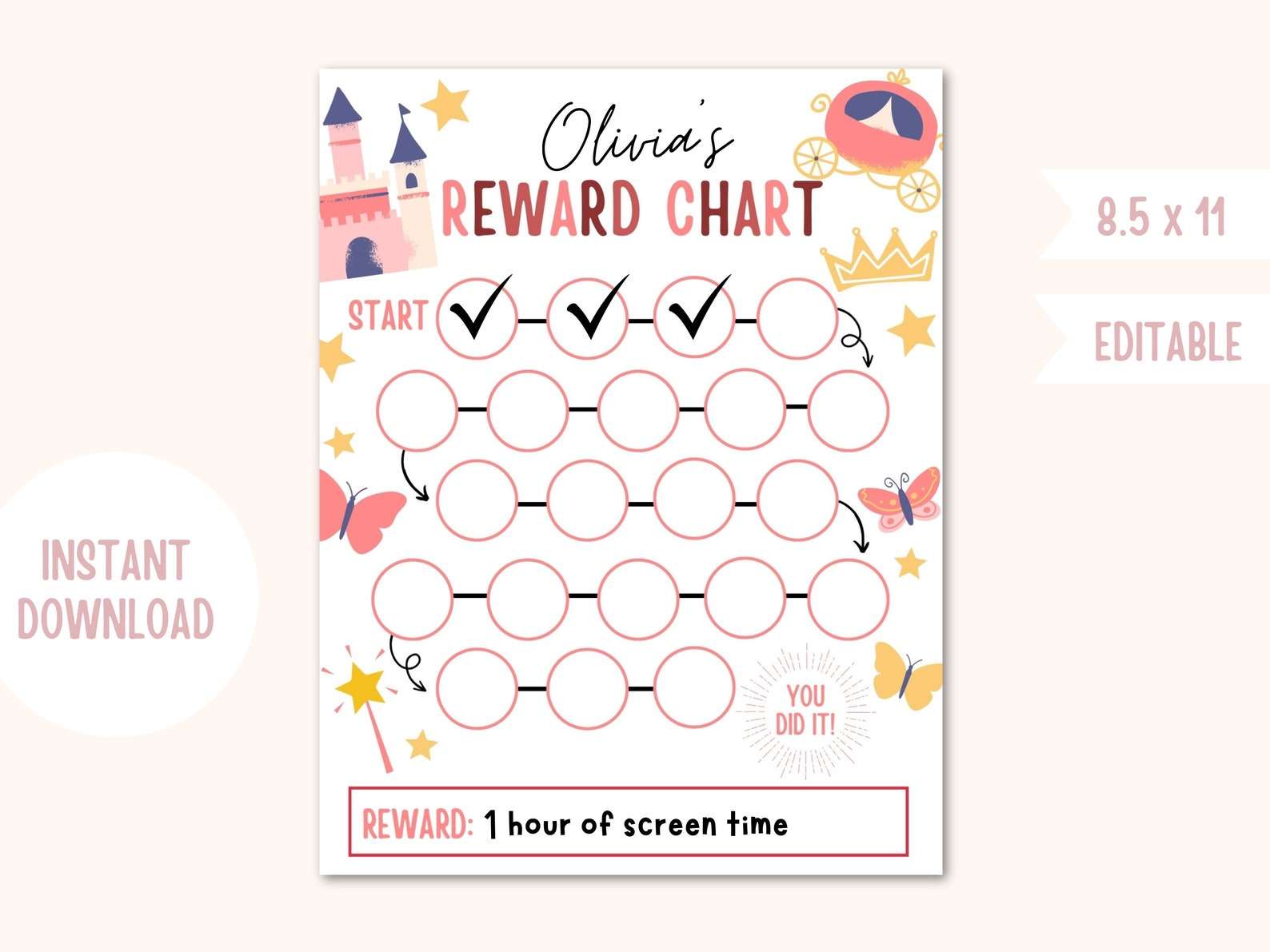 Editable Princess Reward Chart Kid Toddler Printable Girl Daily Routine ...
