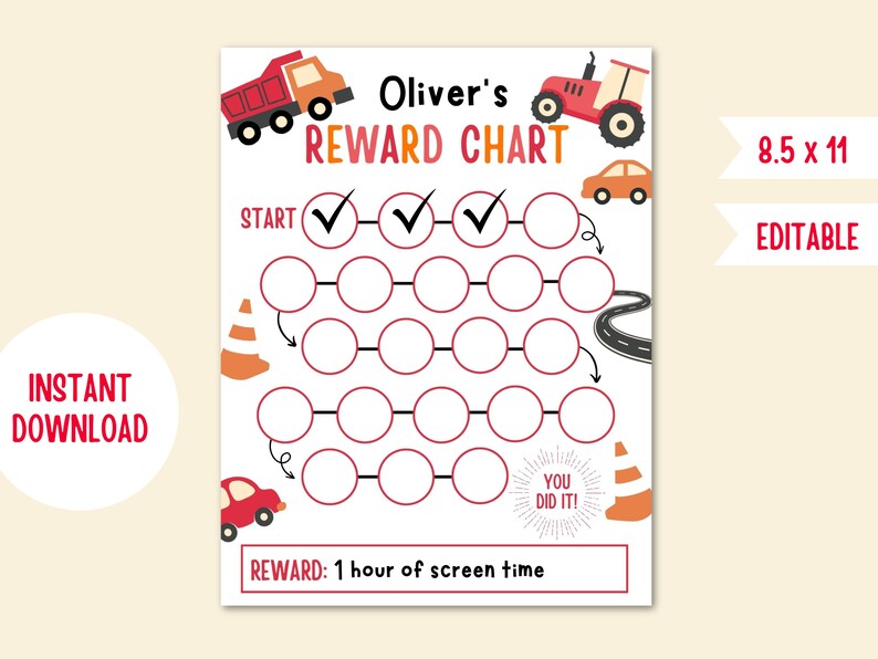 Editable Vehicle Reward Chart for Kid Toddler Printable Car Daily ...