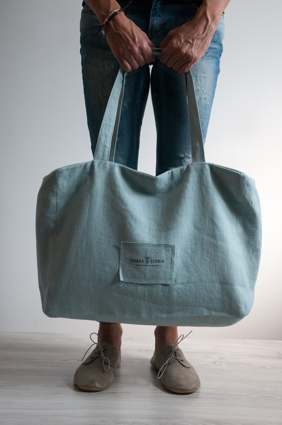Light Roomy Linen Tote Bag in Green Large Shoulder Canvas | Etsy