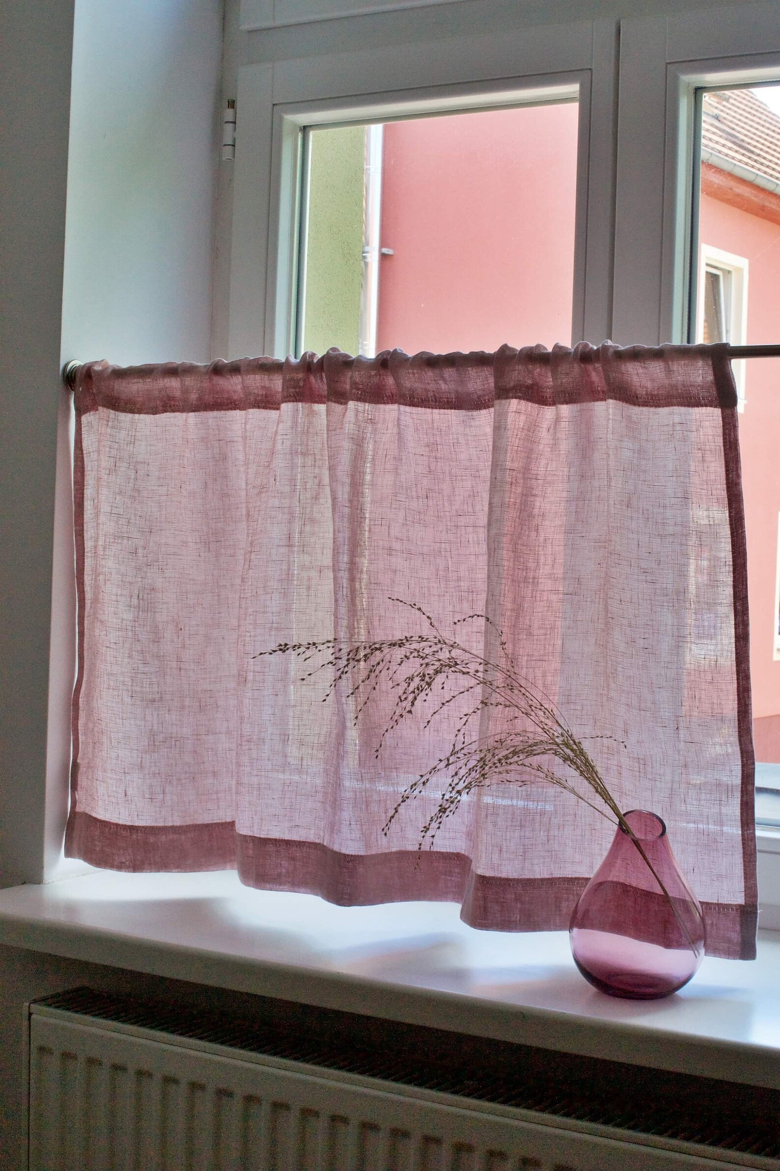 Linen Cafe Curtain Pink Linen Rod Packet Kitchen Curtain Rod - Etsy