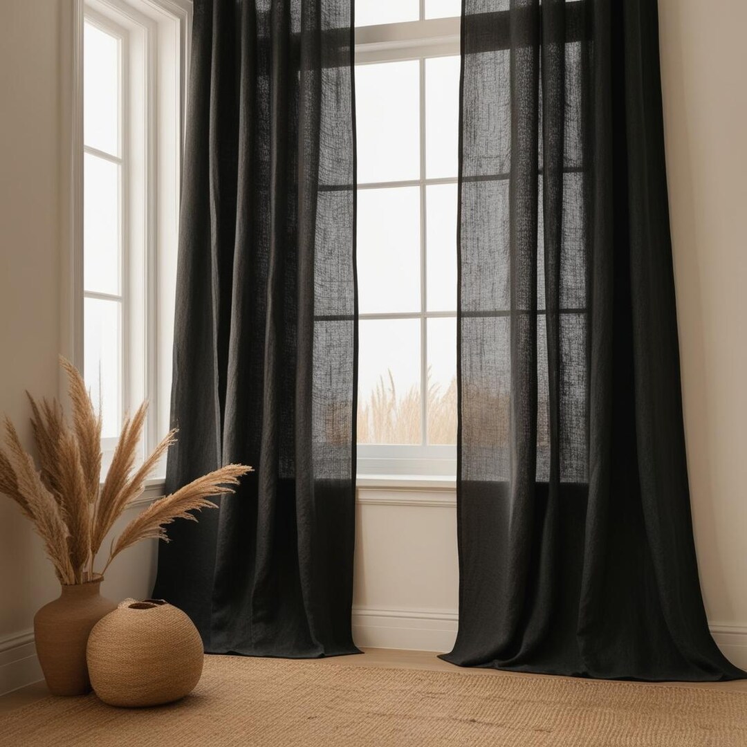 Linen Curtain, Heavy Linen Curtains, Black Linen Curtain Panel, Living ...