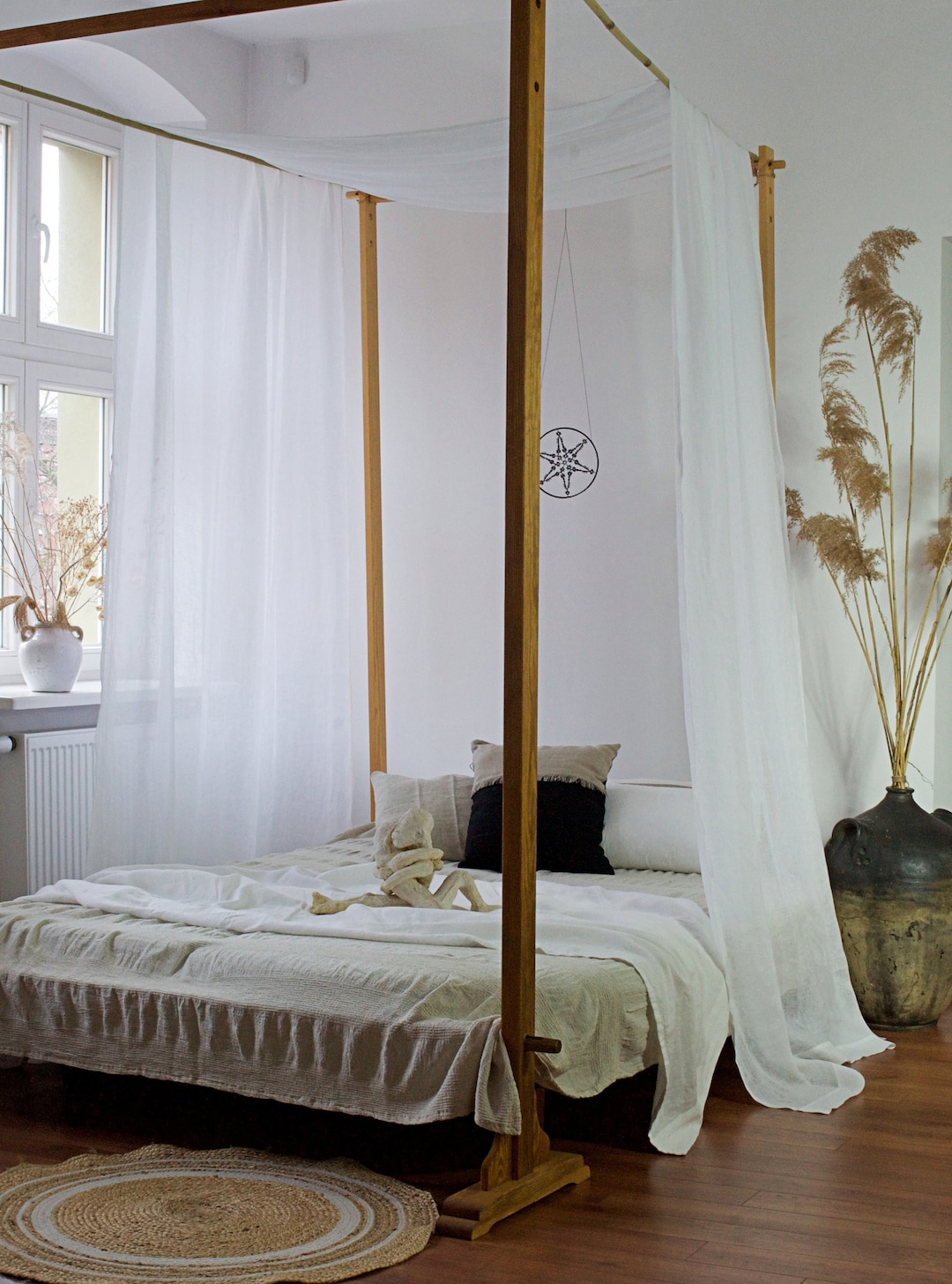 White Canopy Bed Curtains Full, Sheer Linen White Canopy Bed, Bed ...