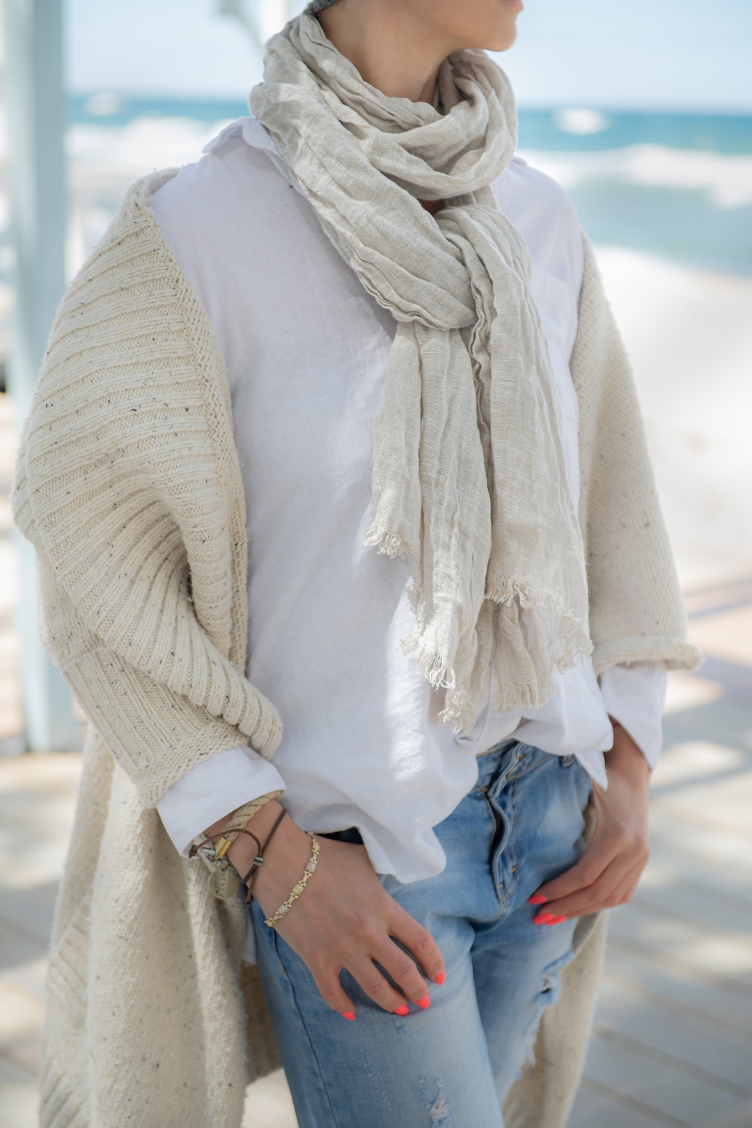 Oatmeal Long Linen Scarf, Long Linen Scarf Unisex in Oatmeal Color ...
