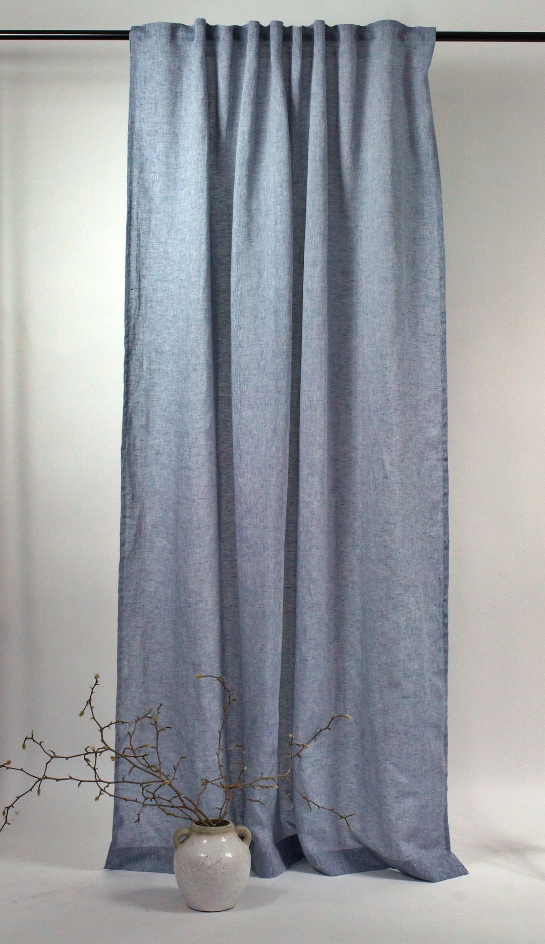 Blue Linen Curtain, Living Room Curtain Panel, Curtain Heading Tape ...