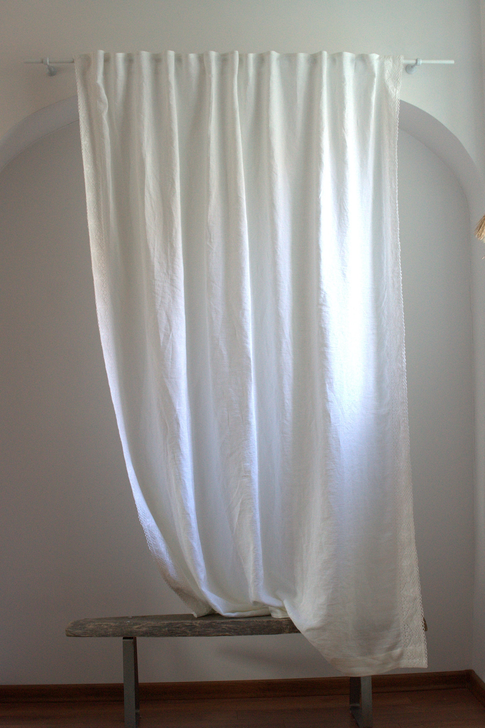 White Linen Curtains With Lace, Custom Linen Drapes in Rustic Style ...