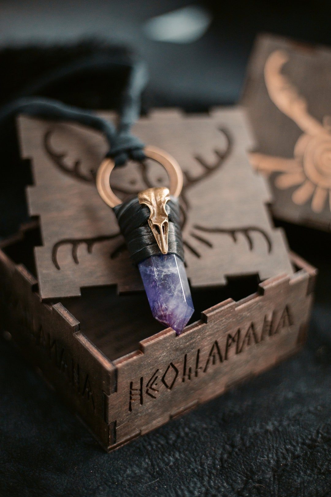 Raven Kundalini Amulet - Amethyst Crystal Necklace - Raven Skull ...